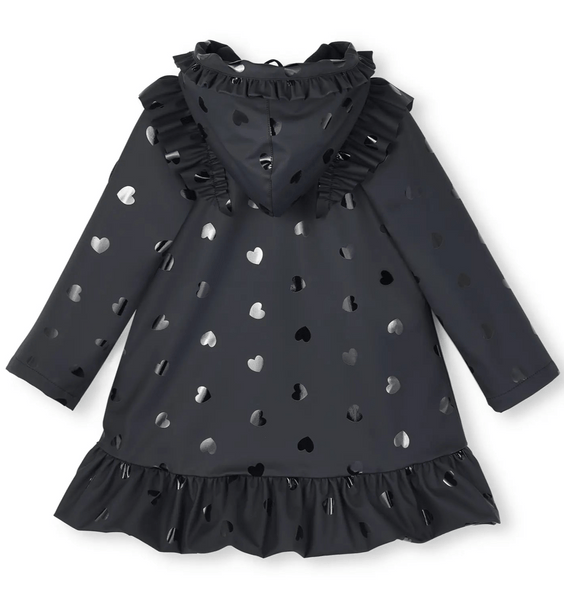 Girls Dark Grey Heart Print Raincoat with Ruffle Trim – CottonKids.ie